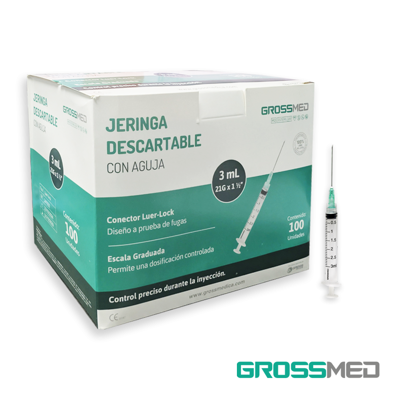 TuMaterialMédico.com | Jeringa de 3 cc con Aguja 21G x 1 1/2" Luer Lock GROSSMED