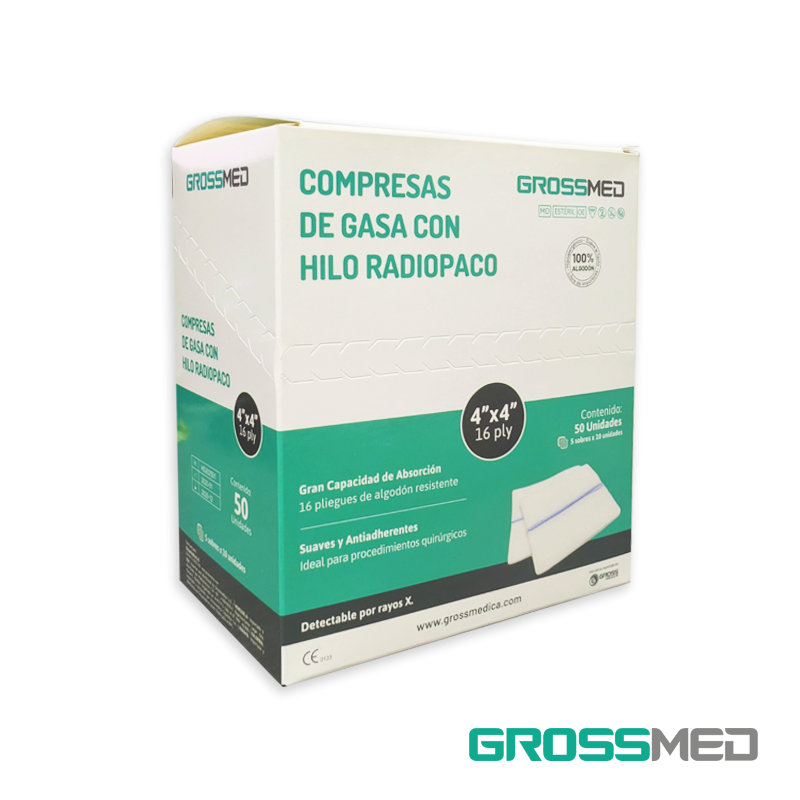 TuMaterialMédico.com | Compresa de Gasa Estéril Con Hilo Radiopaco 4"x ...
