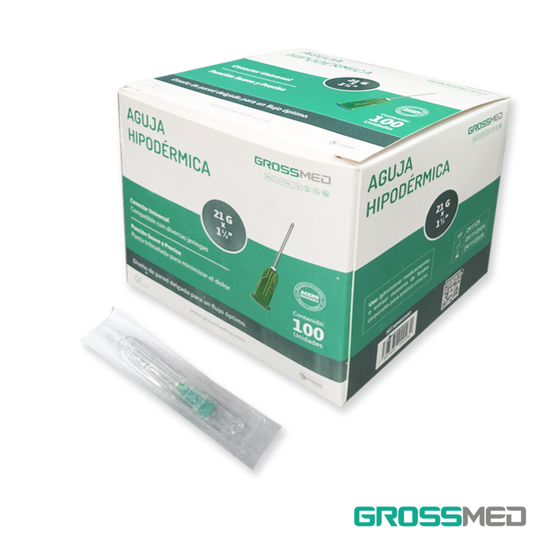 TuMaterialMédico.com | Aguja Hipodérmica 21G x 1 1/2" GROSSMED