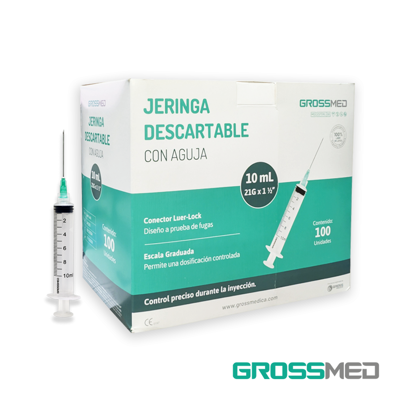 TuMaterialMédico.com | Jeringa de 10 cc con Aguja 21G x 1 1/2" Luer Lock GROSSMED