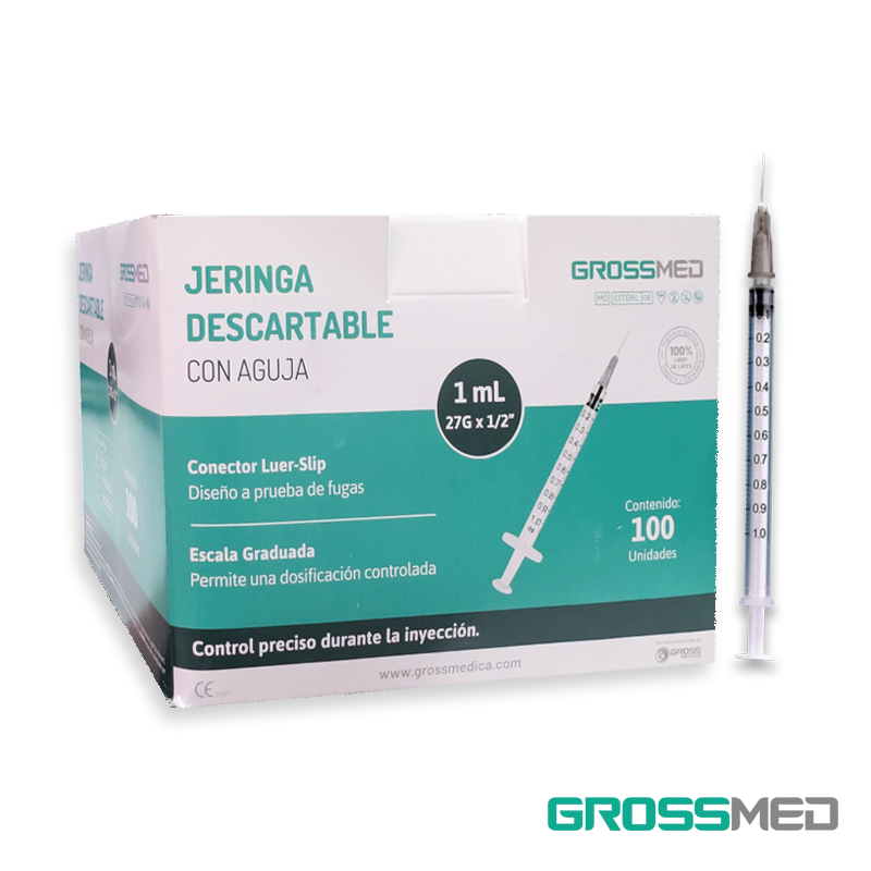 TuMaterialMédico.com | Jeringa de 1 cc con Aguja 27G x 1/2" Luer Slip GROSSMED