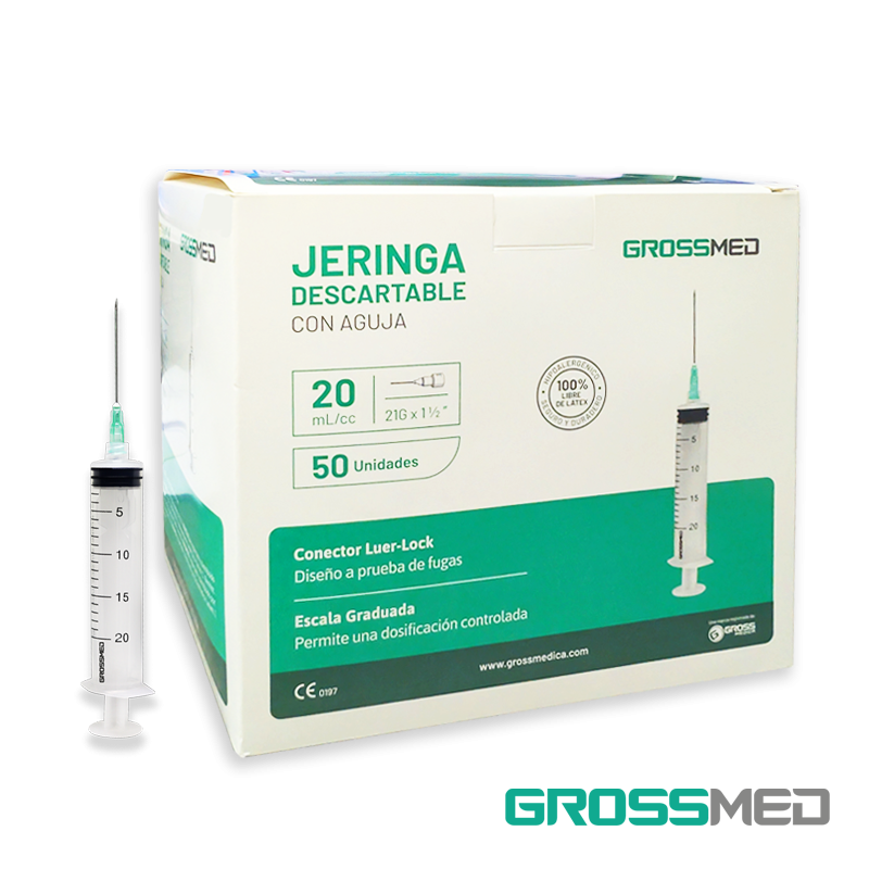 TuMaterialMédico.com | Jeringa de 20 cc con Aguja 21G x 1 1/2" Luer Lock GROSSMED